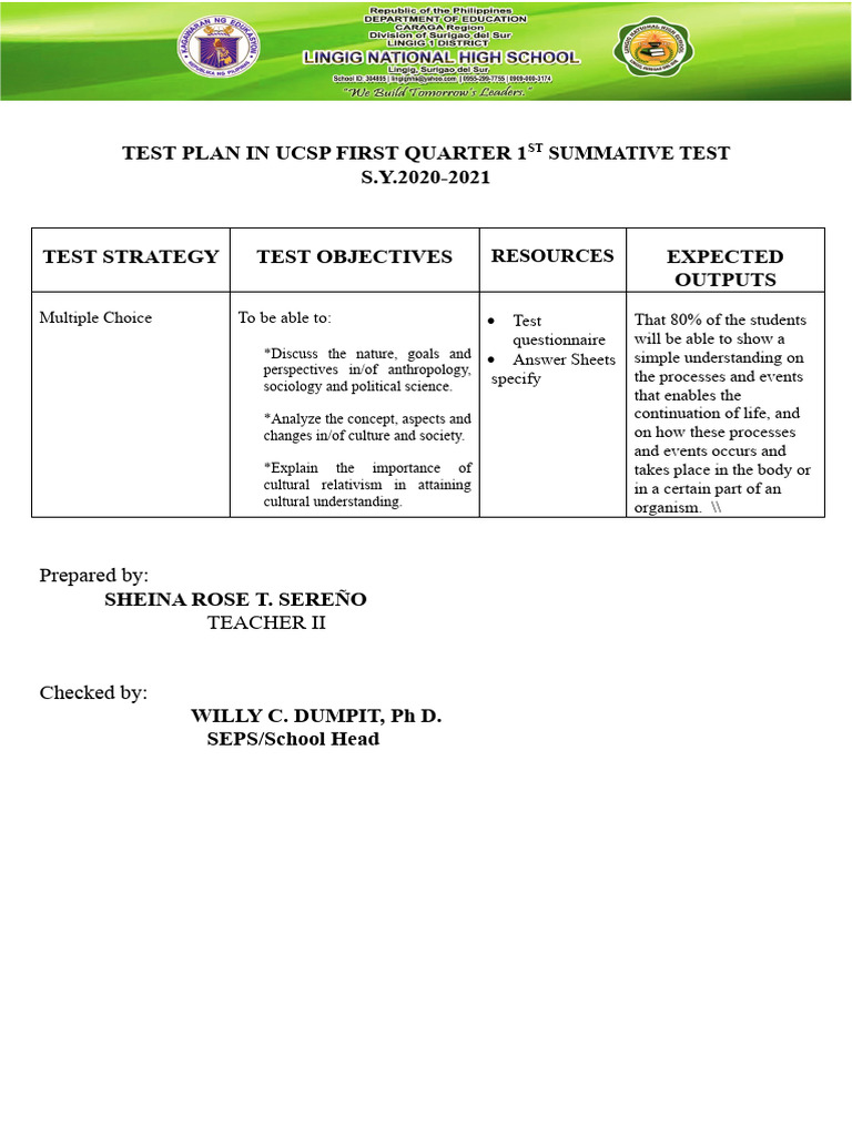 1ST Summative Ucsp (Test Plan, Tos, Questionnaire) | PDF