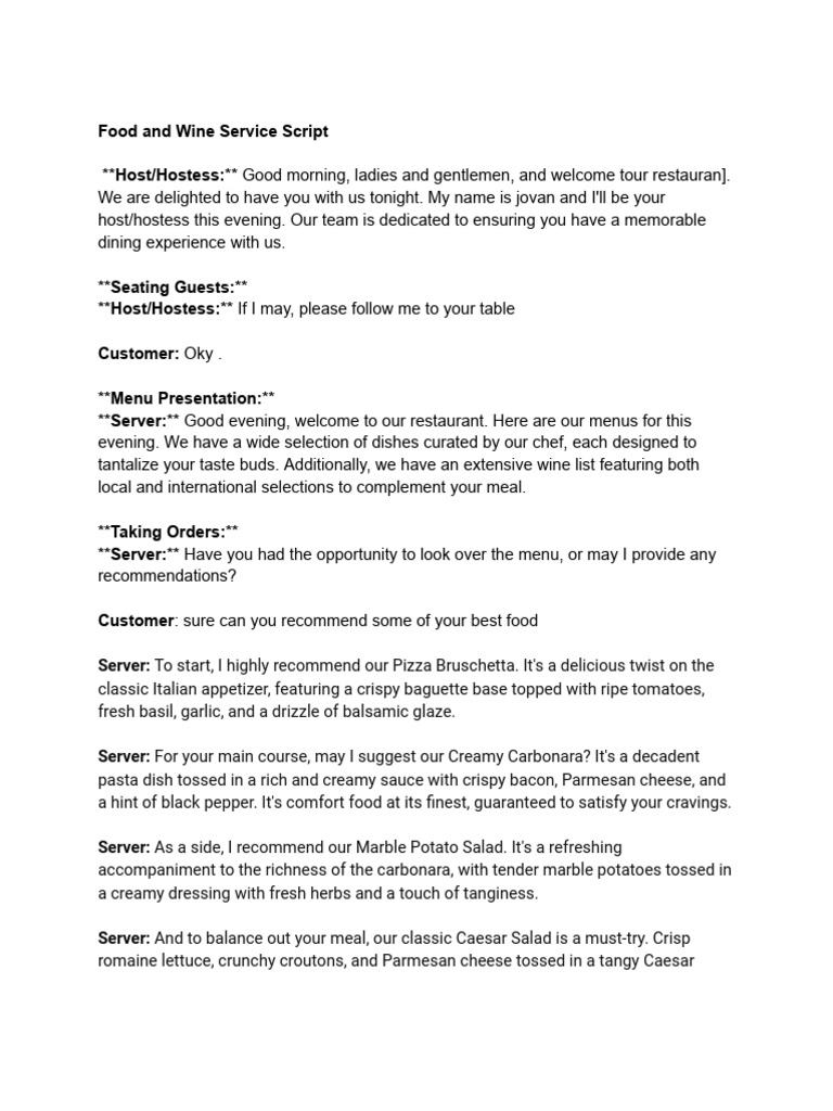 Food and Wine Service Script | Download Free PDF | Waiting Staff | Menu