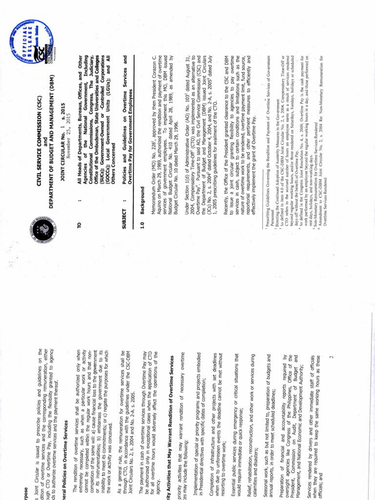 CSC and DBM Policies and Guidelines On Overtime Services and Overtime ...