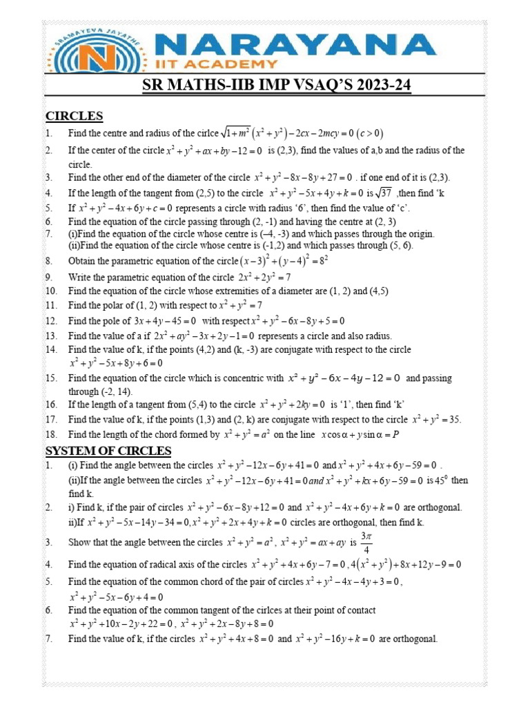 Sr Maths Iib Imp Vsaq's 2023 24 | PDF | Circle | Differential Geometry