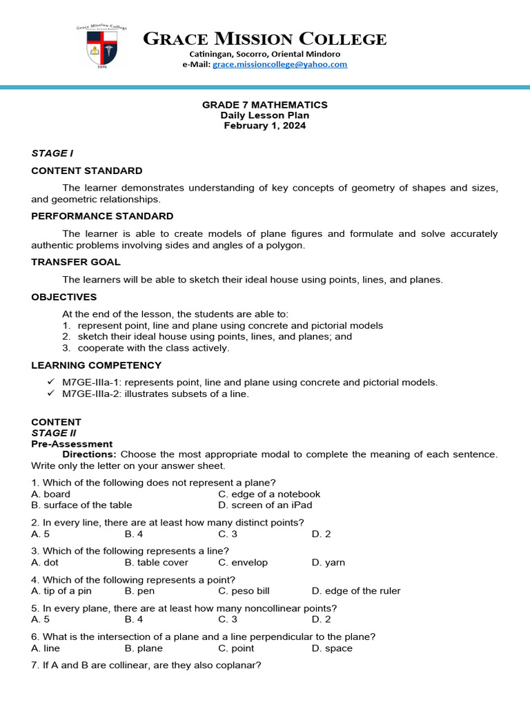 PEAC Daily Lesson Plan | PDF | Line (Geometry) | Shape