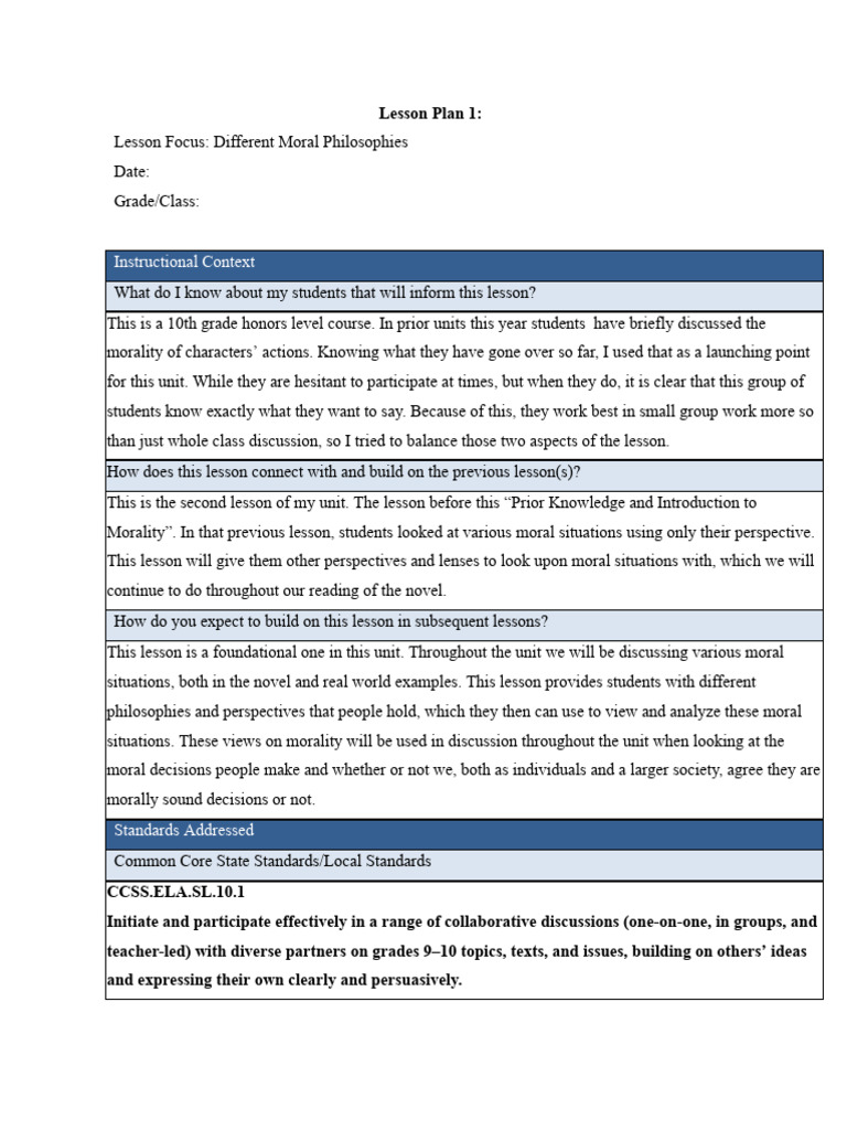 Exploring Moral Philosophies in Class | PDF | Teachers | Learning