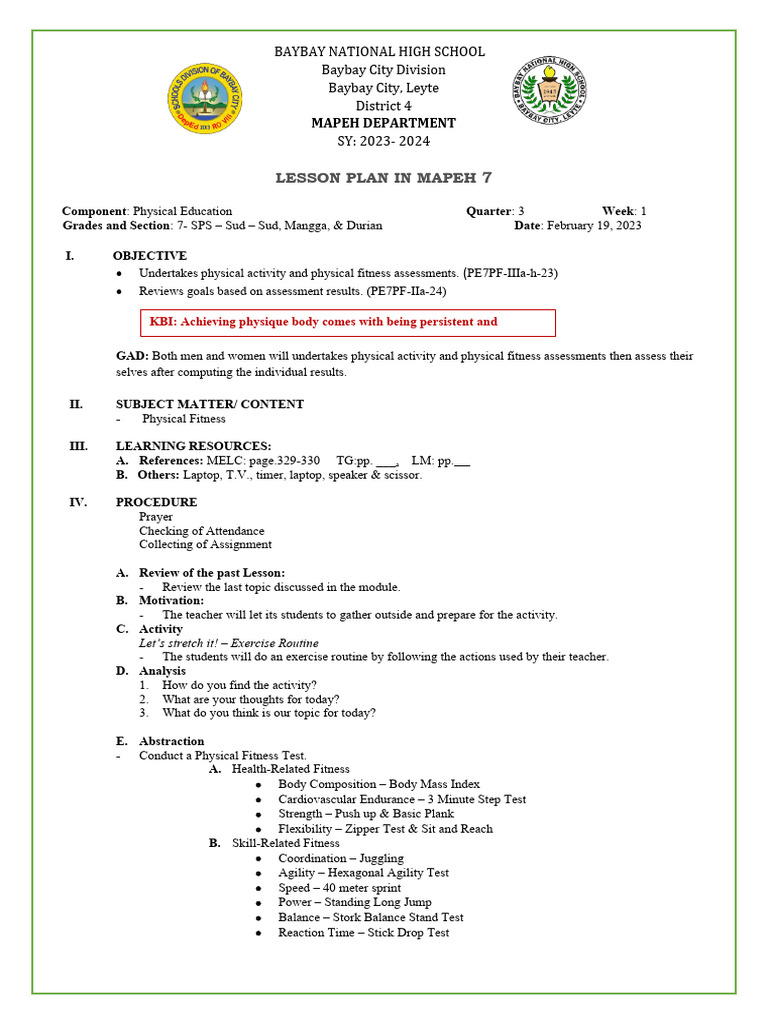 MAPEH 7 Physical Education Lesson Plan | PDF