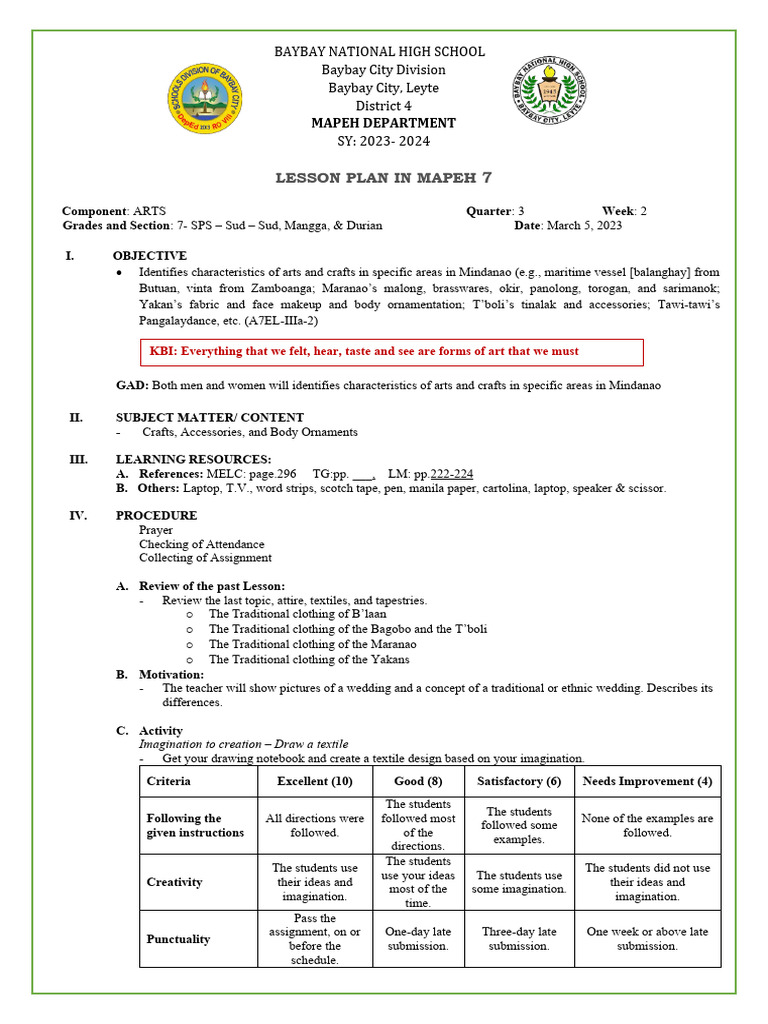 Arts Lesson Plan Q3 L2 | PDF
