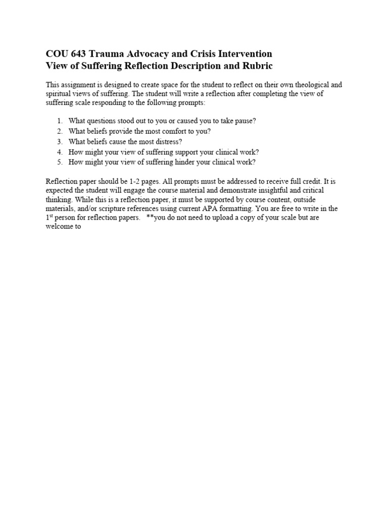 COU 643 View of Suffering Reflection Description and Rubric | PDF | Apa ...
