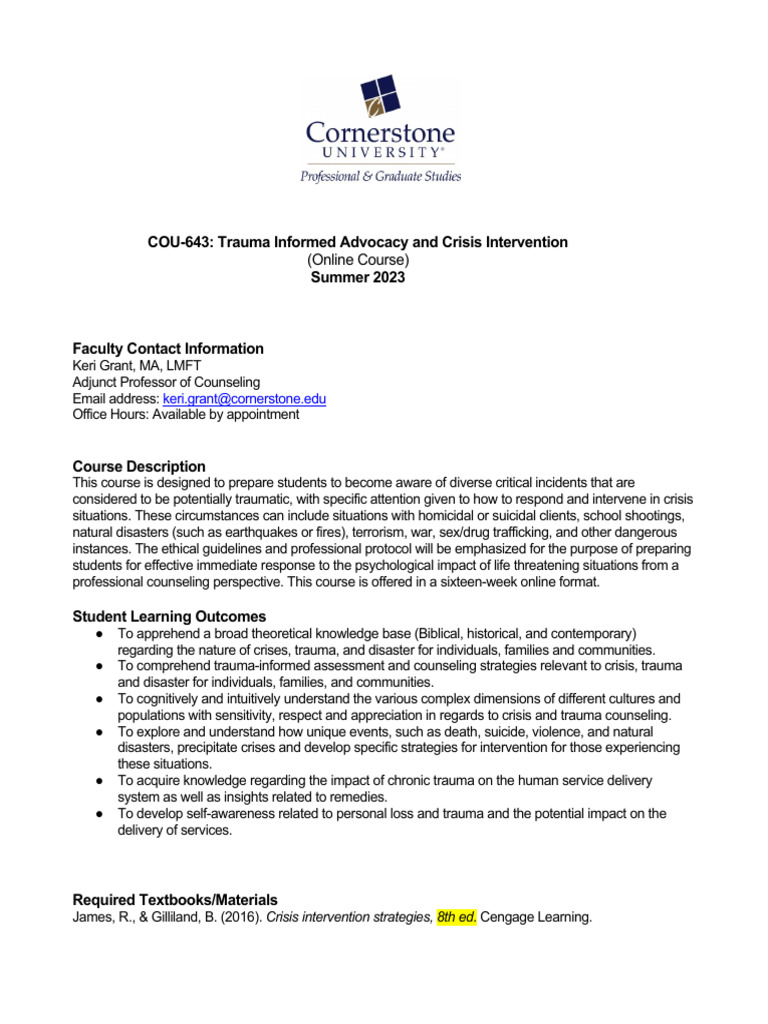 COU 643 Trauma Advocacy and Crisis Intervention SU23 Grant | Download ...