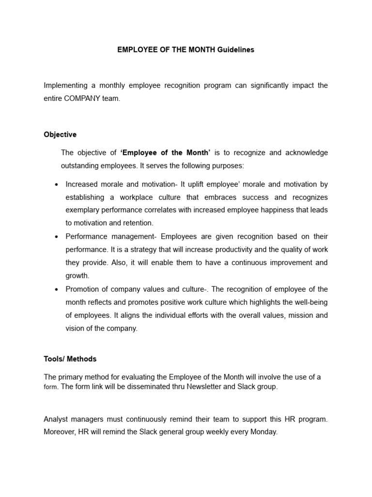Sample EMPLOYEE OF THE MONTH - PLAN | PDF | Employment | Business