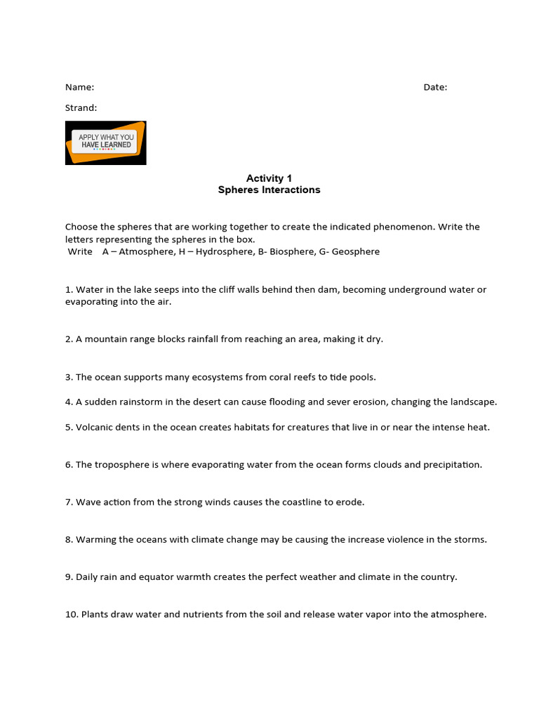Activity Sheet Q1 Four Subsystems | PDF | Earth | Atmosphere