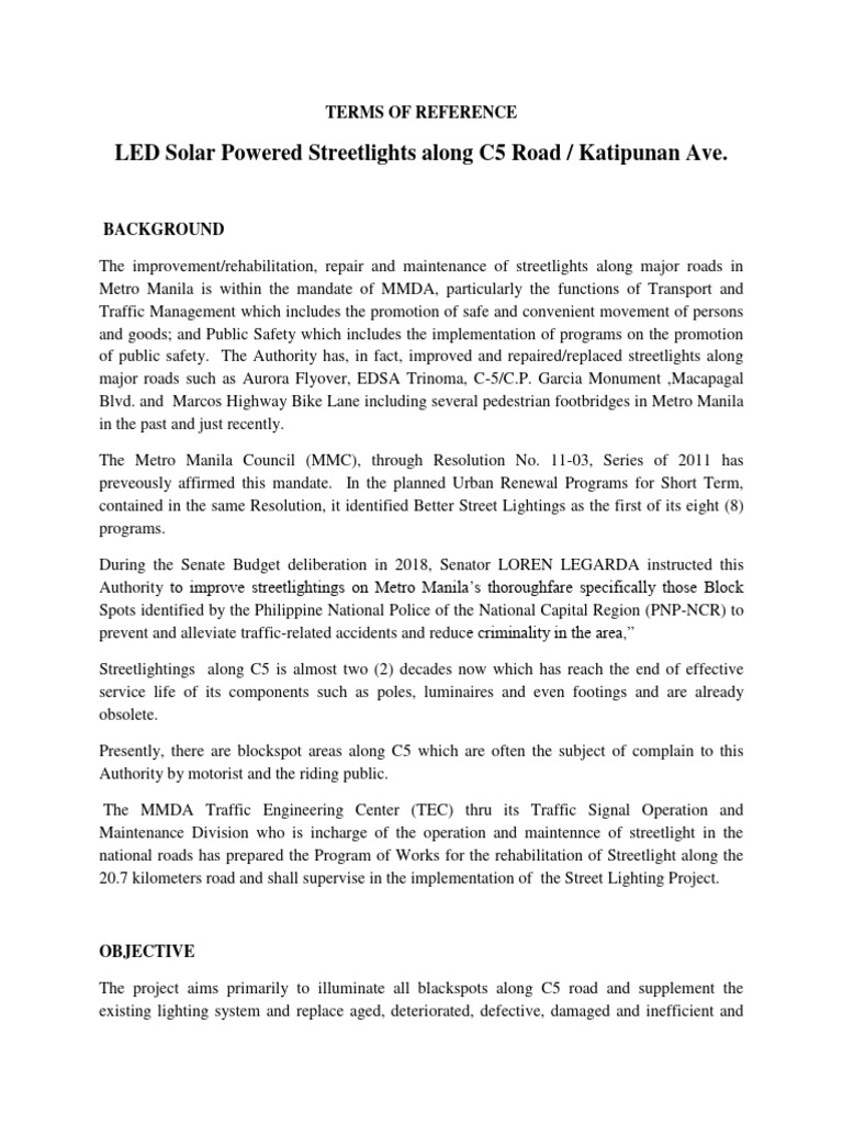 TOR-Installation of Solar Street Lights C5 Katipunan | PDF | Street Light