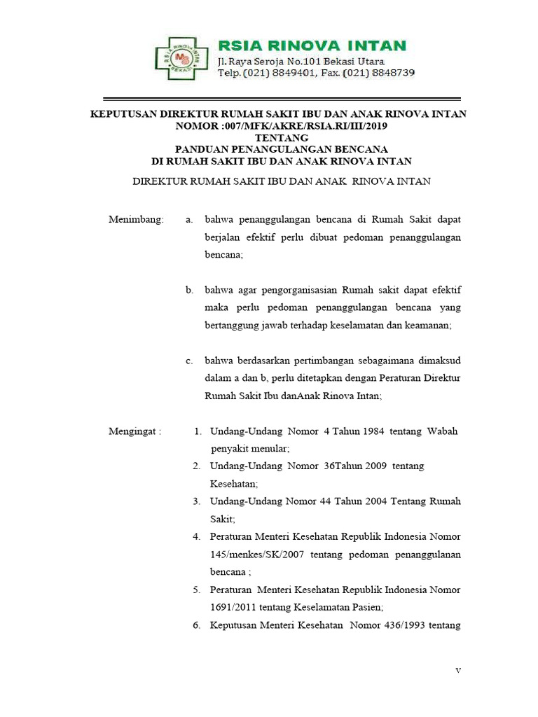 Panduan Penanggulangan Bencana RSIA Rinova | PDF | Kesehatan Holistik