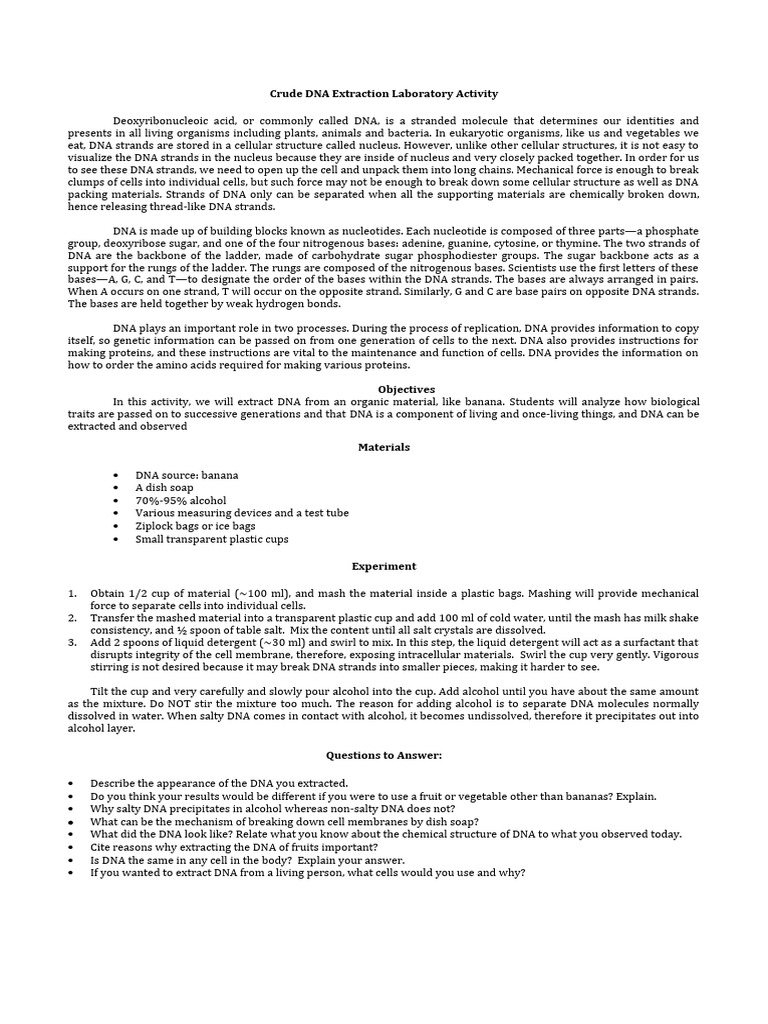 Crude Extraction of DNA From Banana | PDF | Dna | Biochemistry