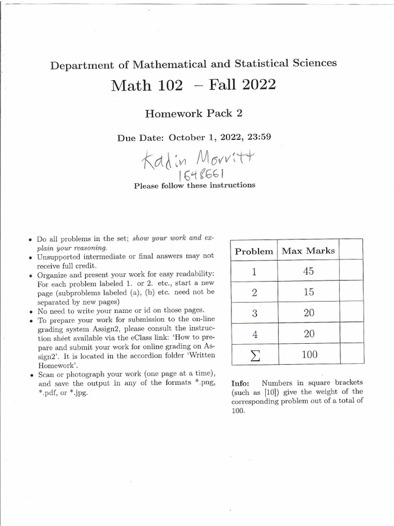 Math 102 2022 Assign 2 1648661 | PDF