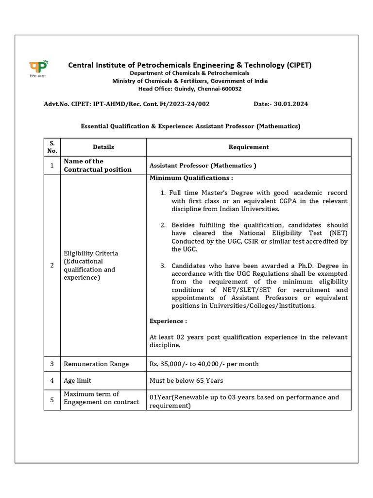 Essential Qualifications for CIPET Positions | PDF | Academic Degree ...