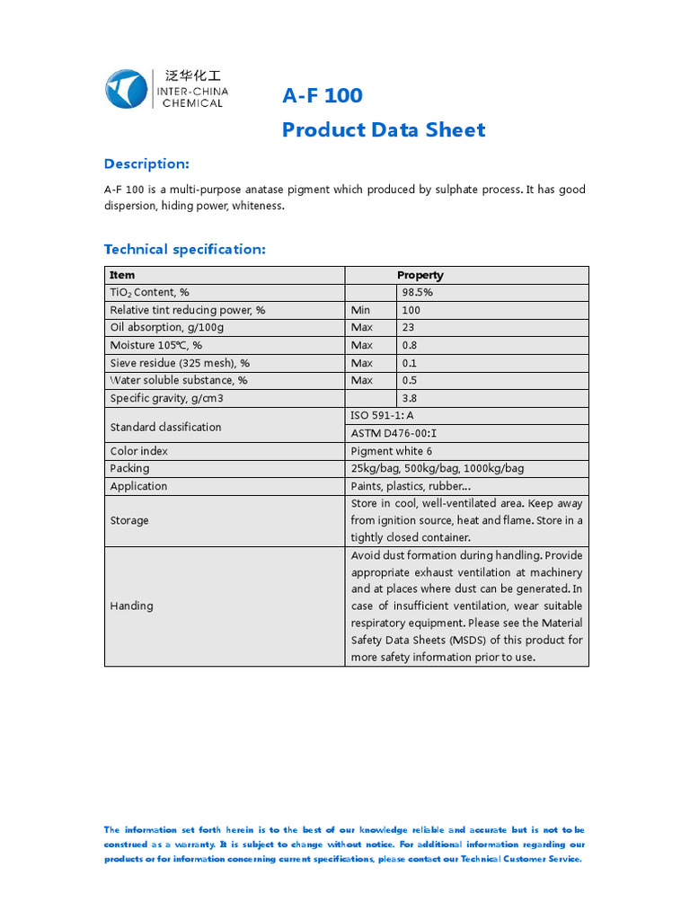 A-F 100 Product Data Sheet: Description | PDF | Titanium Dioxide | Pigment