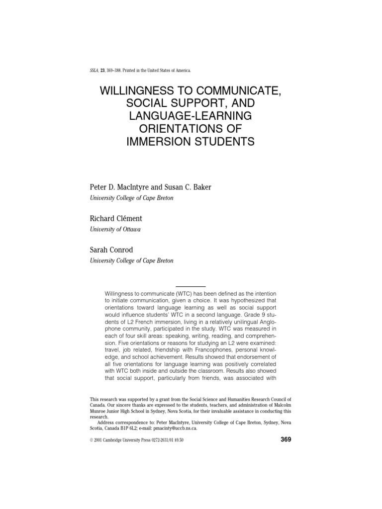 WILLINGNESS TO COMMUNICATE Social Support | PDF