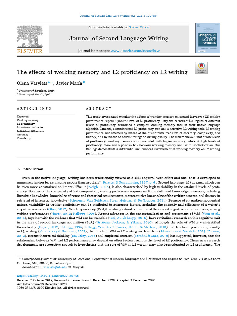 Working Memory and Second Language Writing 2020 | PDF | Second Language Acquisition | Second ...