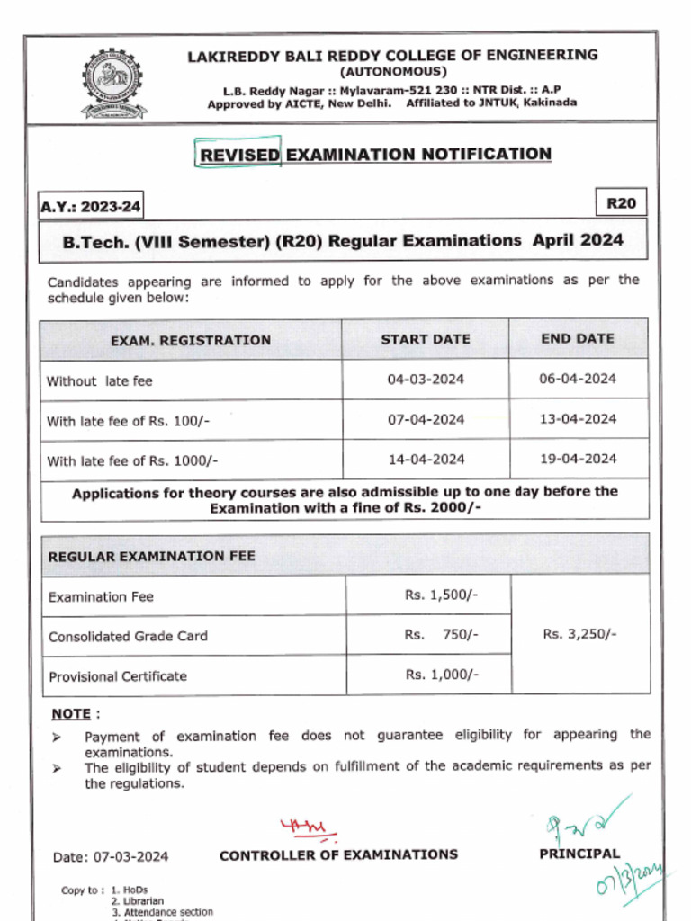 Revised B.tech. (VIII Semester) (R20) Regular Examination Notification | PDF