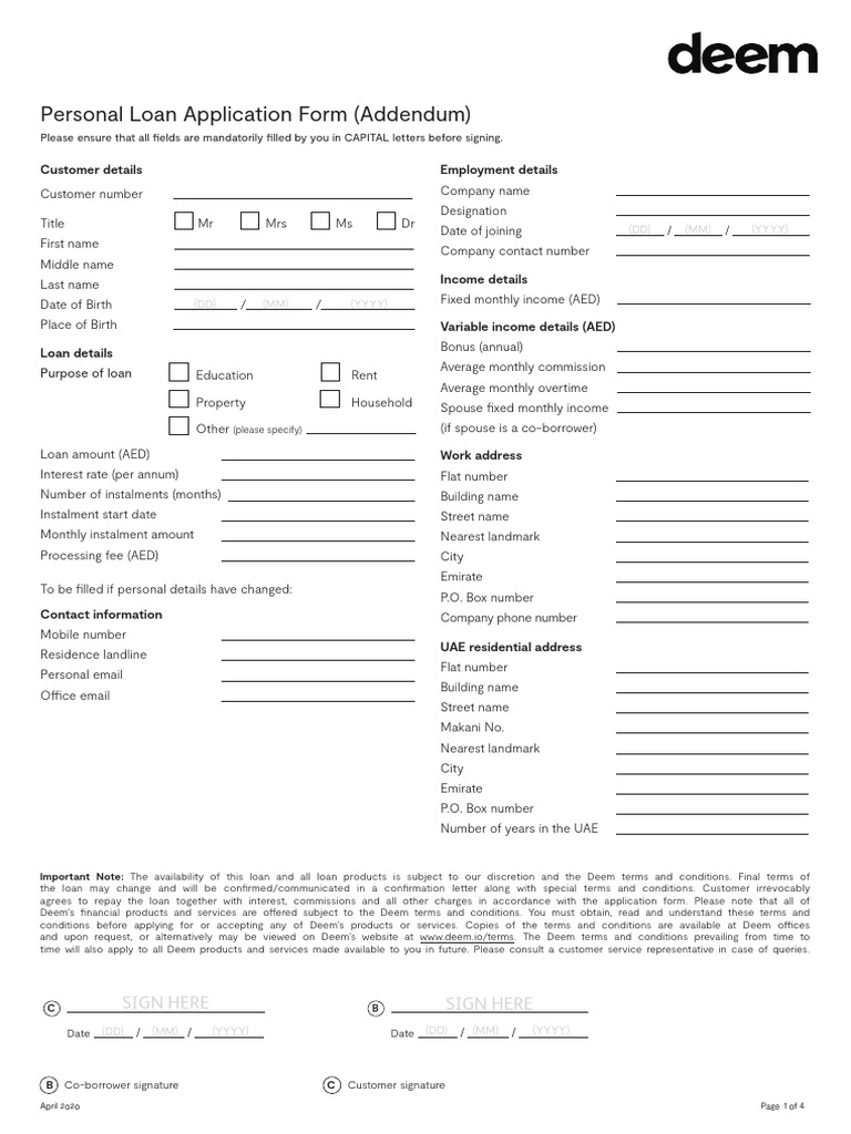 Personal Loan Application Form (Addendum) April 2020 | PDF | Loans ...