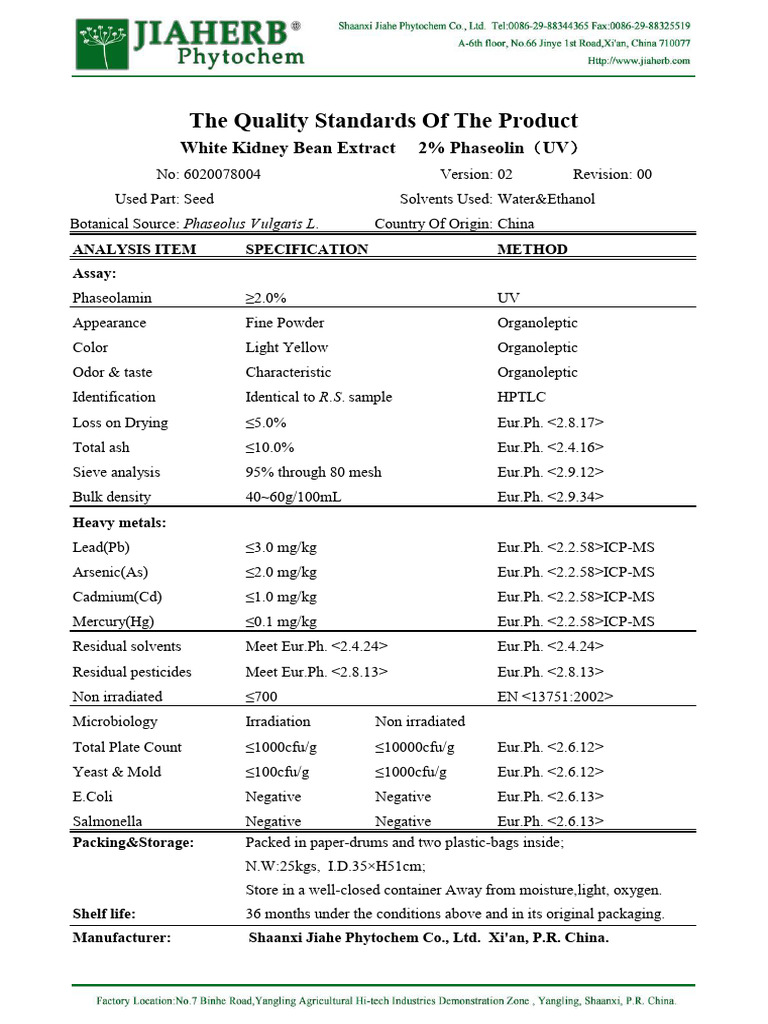 Specification - WE026CN02 White Kidney Bean Extract 2 - Phaseolin | PDF ...