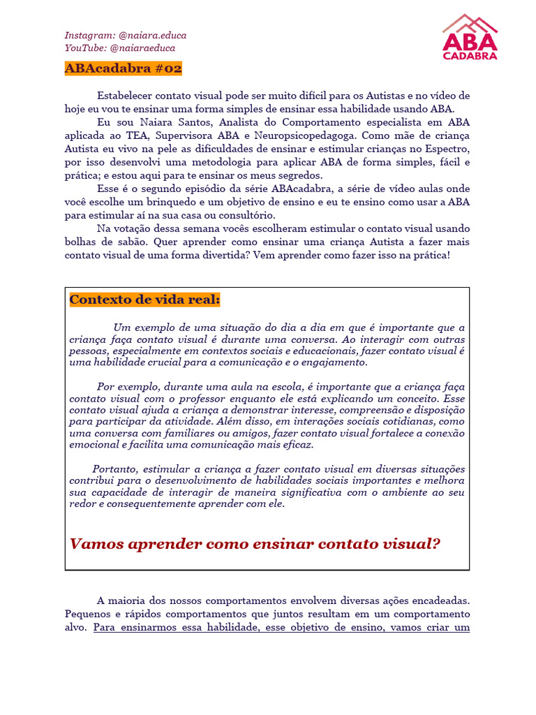 Ensino de Contato Visual com ABA | PDF | Aprendizado | Espectro do autismo