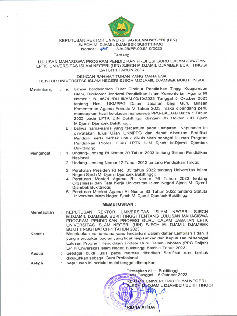 SK Lulusan Mahasiswa Prodi PPG dalam Jabatan LPTK UIN BKT Batch 20231012_09145477_08 | PDF