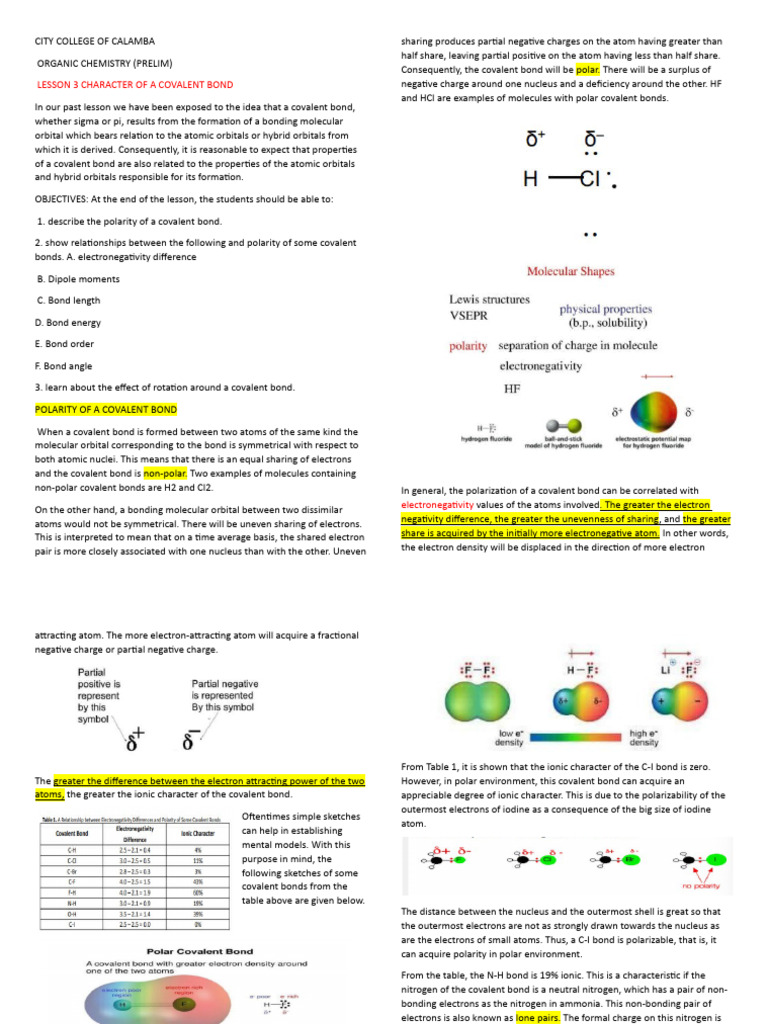 lesson 3 org chem | PDF | Chemical Bond | Chemical Polarity