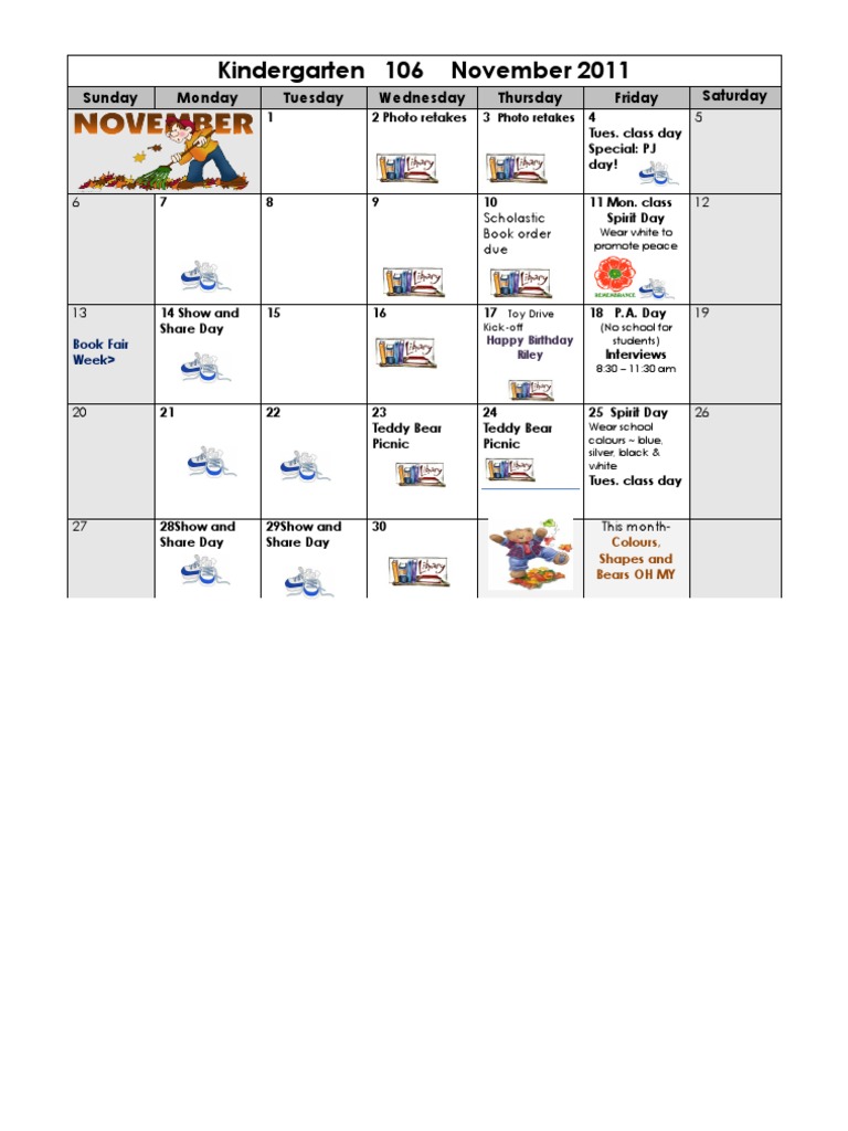 November 2011 Kindergarten Events Calendar | PDF | Wellness