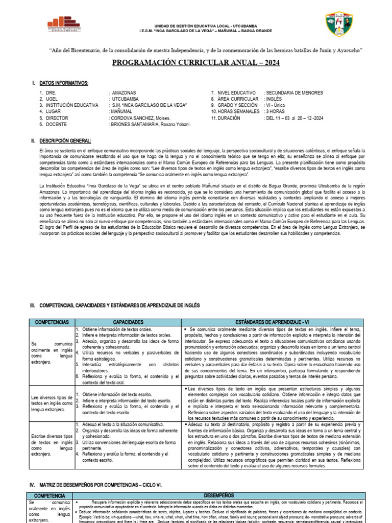 Programacion Curricular Vi Ingles - 2024 | PDF