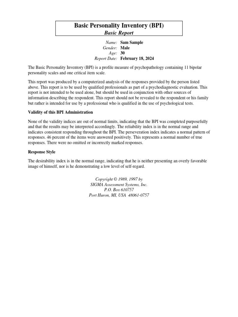 BPI Sample Report | Download Free PDF | Mental Health | Cognition
