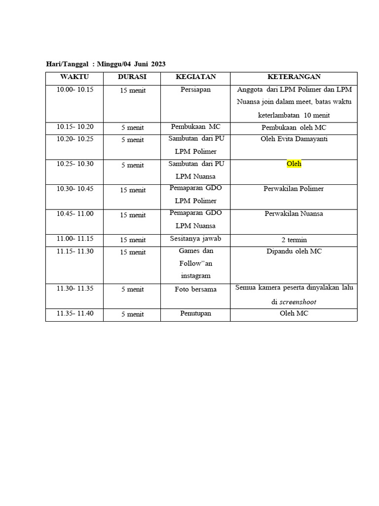 CONTOH RUNDOWN ACARA | PDF