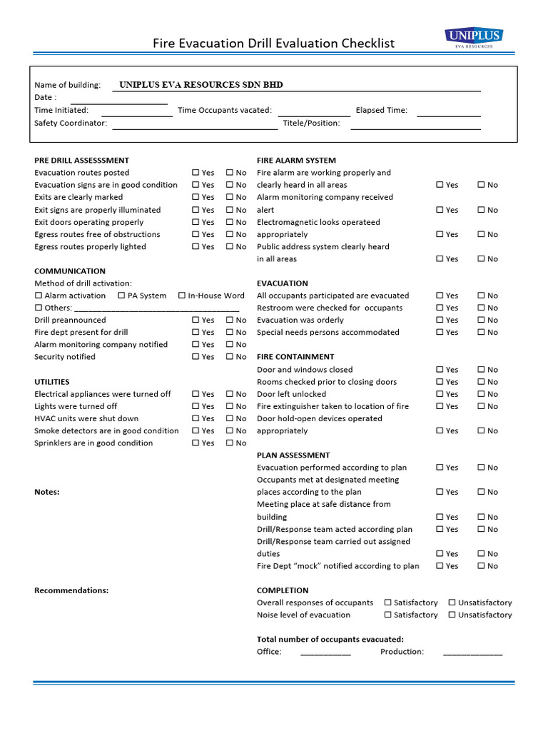 Fire Evacuation Drill Evaluation Checklist | PDF | Hazards | Safety