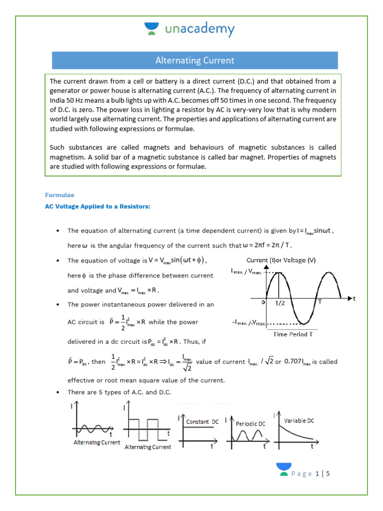 Formula Sheet Alternating Current | PDF