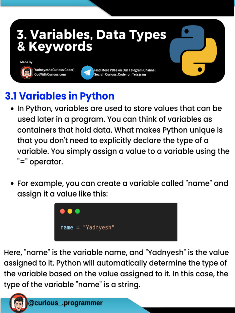 Variables, Data Types and Keywords in Python | PDF Variables, Data Types and Keywords in Python | PDF