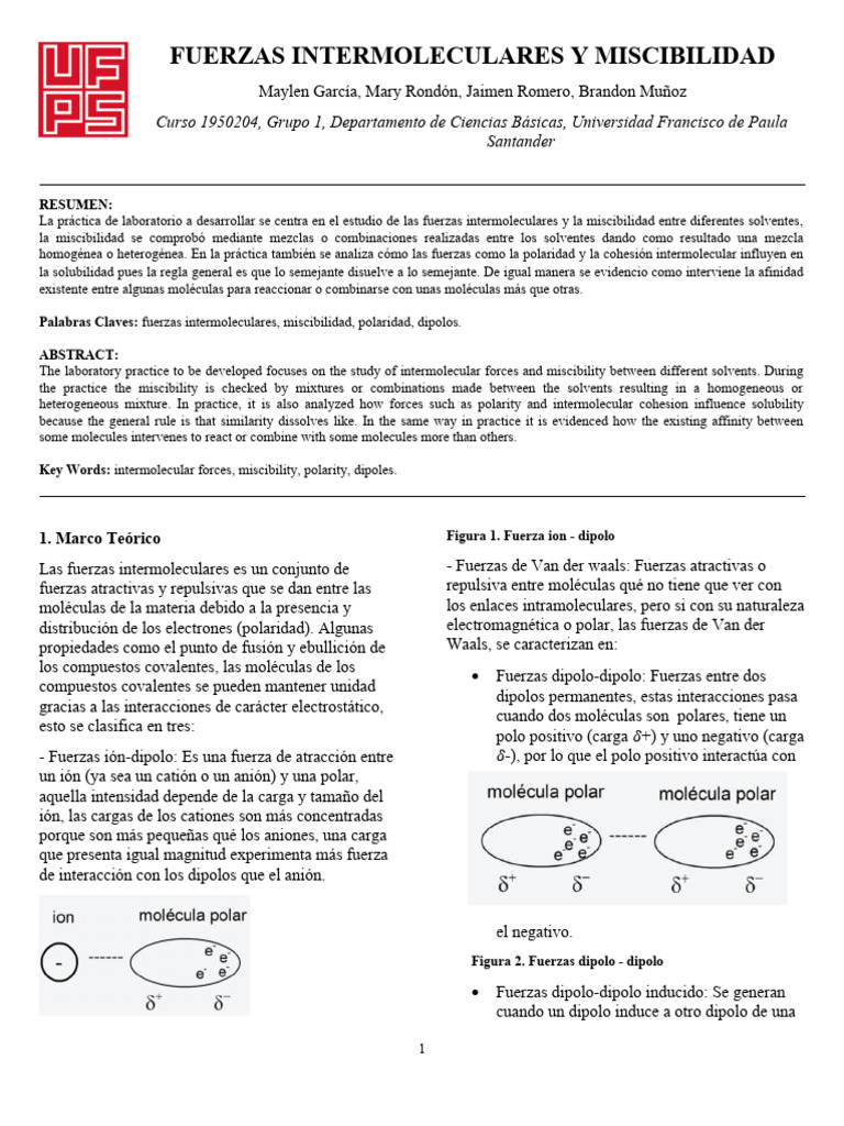 Informe Pract 1 | PDF | Polaridad química | Enlace de hidrógeno