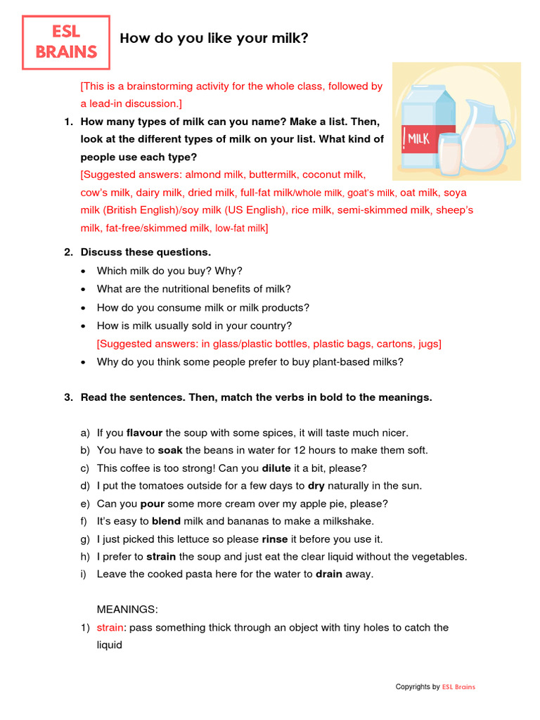 ESL Brains How Do You Like Your Milk TV 9271 | PDF | Milk | Diet ...