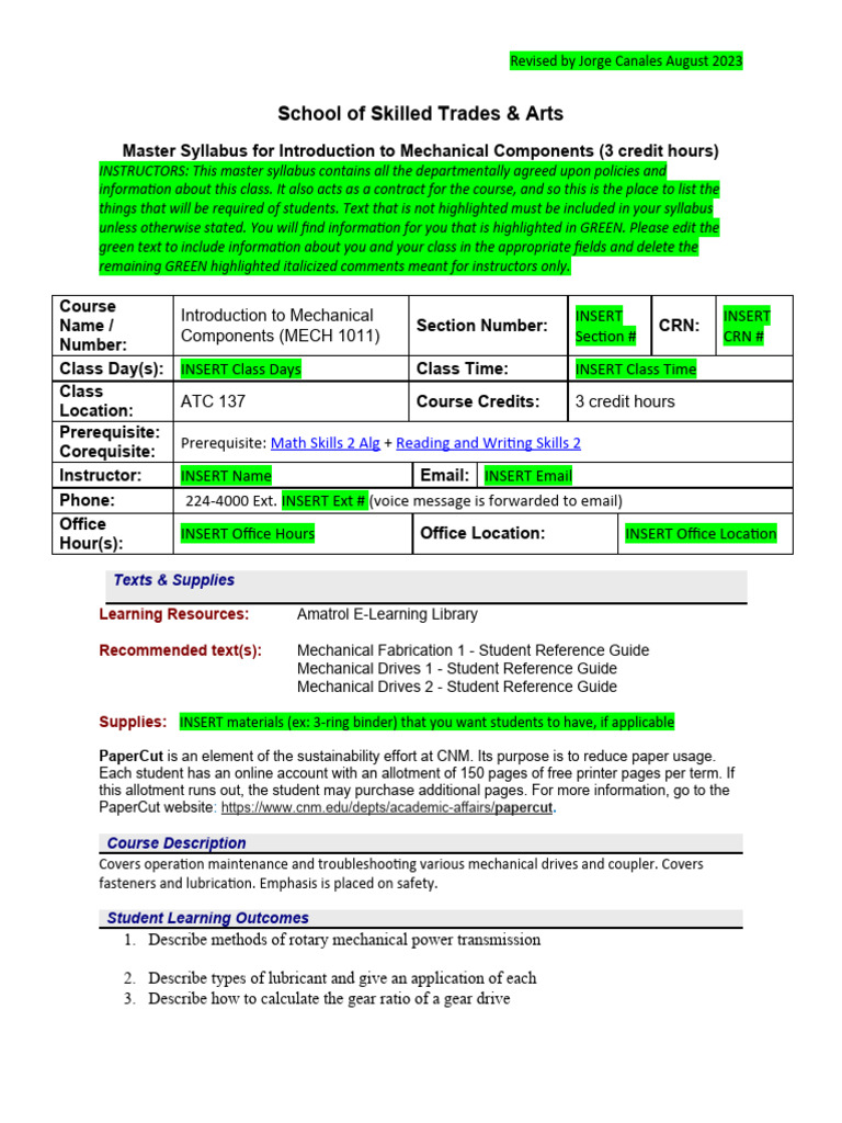 MECH 1011 Master Syllabus | PDF