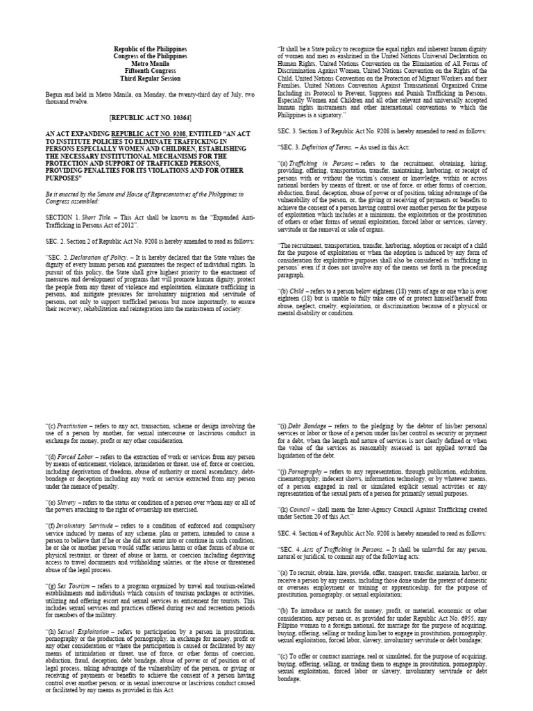 RA 10364 (Amendment To 9208) | PDF | Social Science