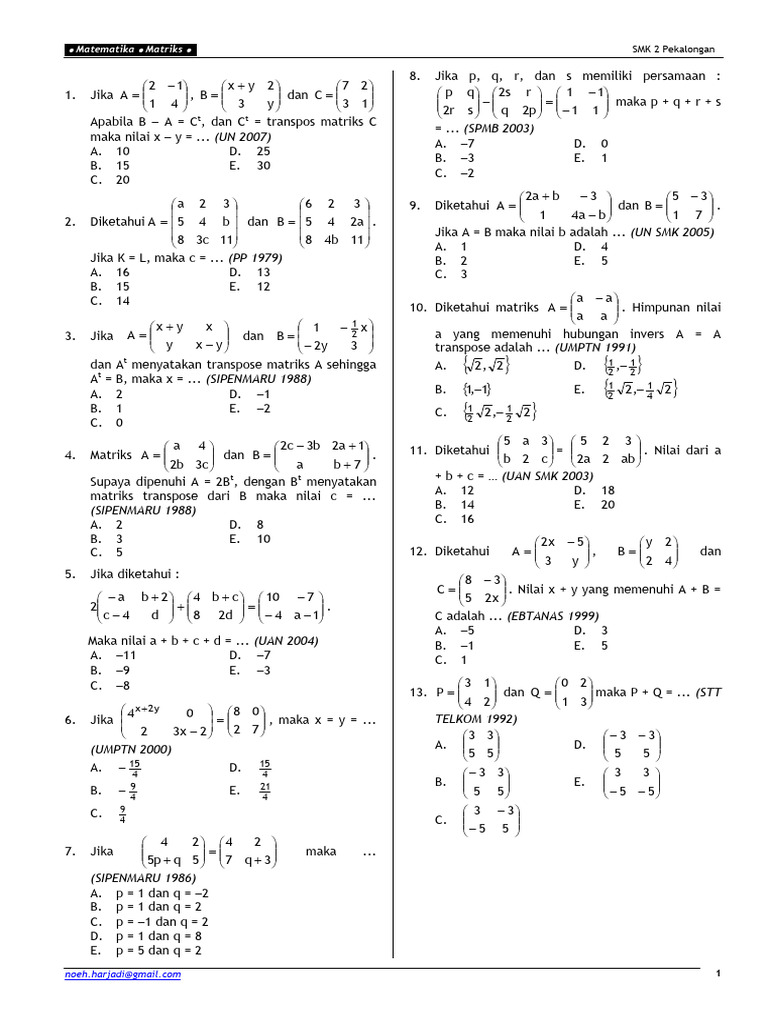 Soal Matriks untuk SMK 2 Pekalongan | PDF