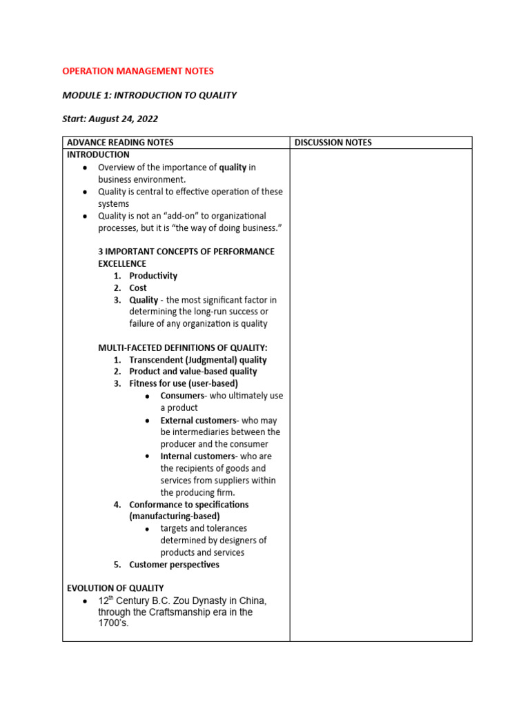Notes Notes Operation Management | PDF | Quality (Business) | Customer