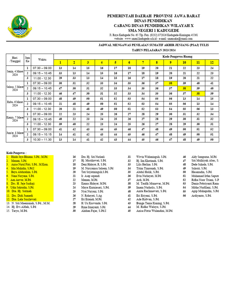 Jadwal Pengawas Psaj 2023-2024 - Baru | PDF