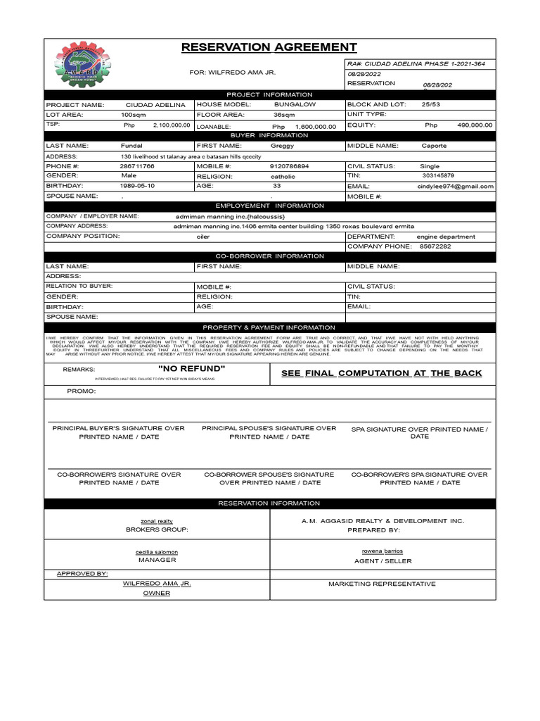 Ciudad Adelina Bungalow Reservation Agreement | PDF