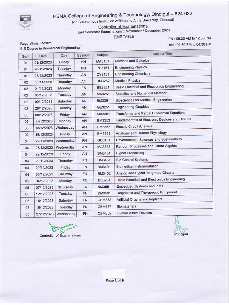 ND 2023 - R 2021 - End Semester Examinations - Time Table | PDF