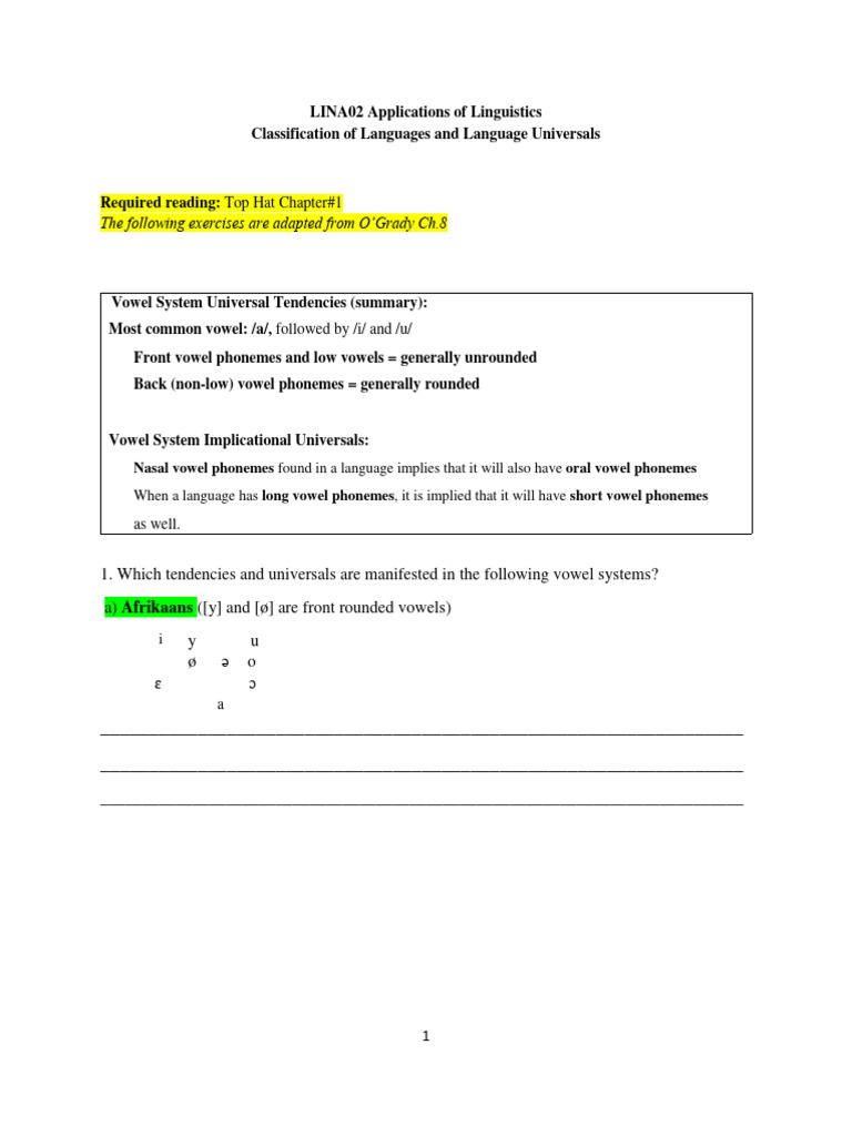 Typology Practice Exercises I-Student | PDF | Vowel | Consonant