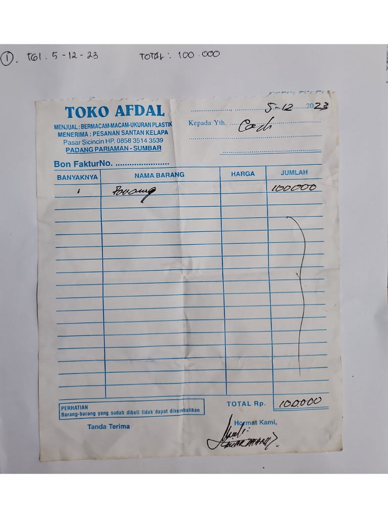 05 - 12 - 2023 (p2) Nota Toko Afdal, TGL | PDF