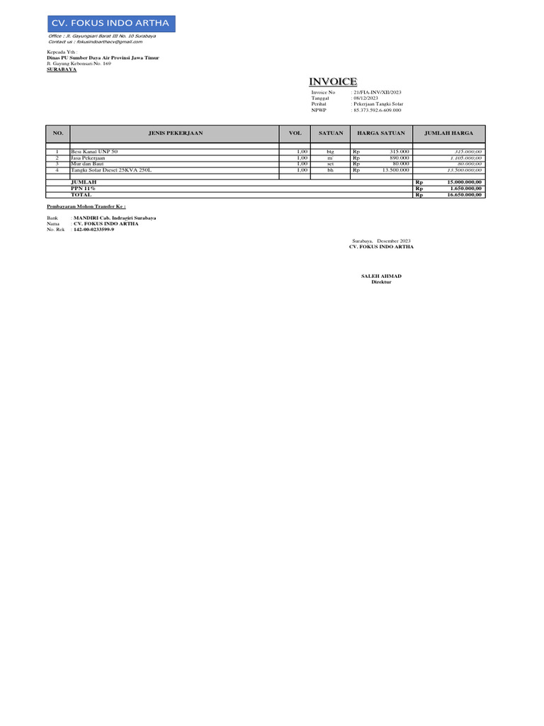 Contoh Invoice Tangki Diesel | PDF
