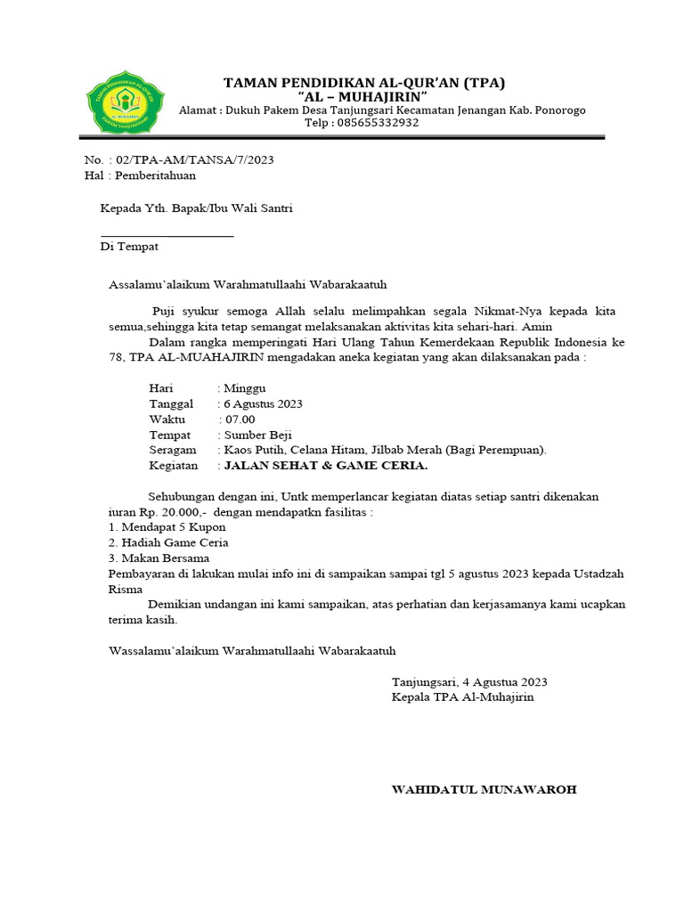 Kegiatan Ulang Tahun TPA Al-Muhajirin | PDF