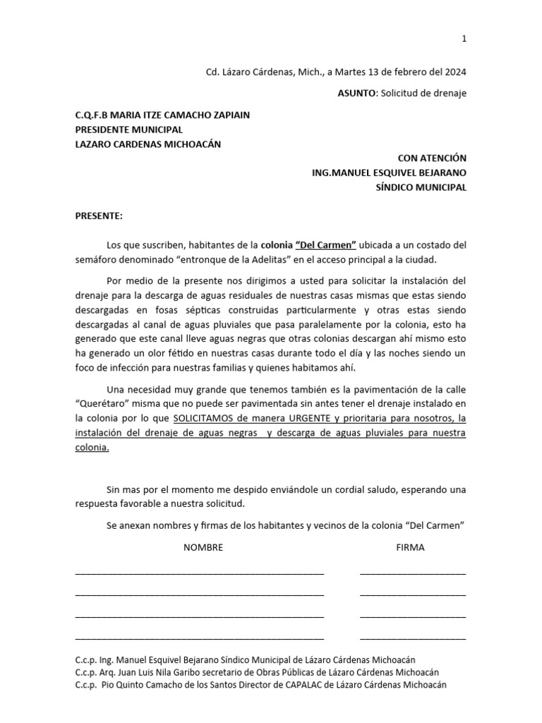 Solicitud de Drenaje Colonia Del Carmen | PDF Solicitud de Drenaje Colonia Del Carmen | PDF