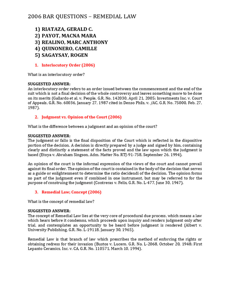 2006 Remedial Law Bar Questions | PDF | Law