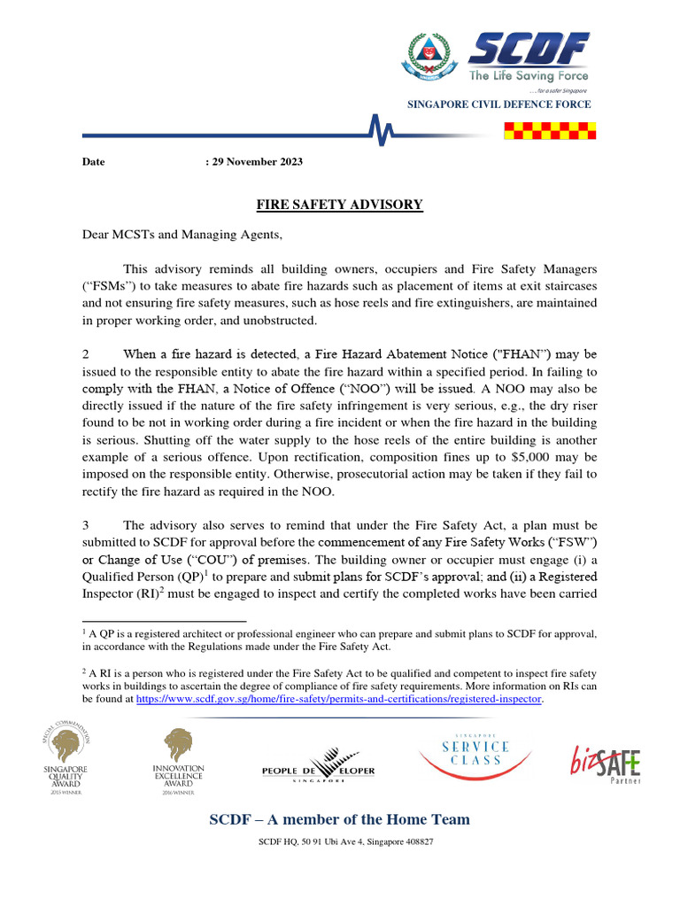 SCDF Fire Safety Advisory 2023 | PDF