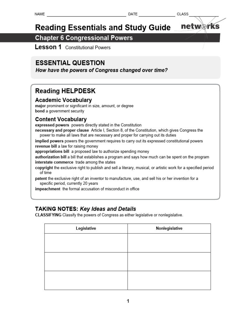 Congressional Powers Lesson 1 Reading Essentials and Study Guide ...